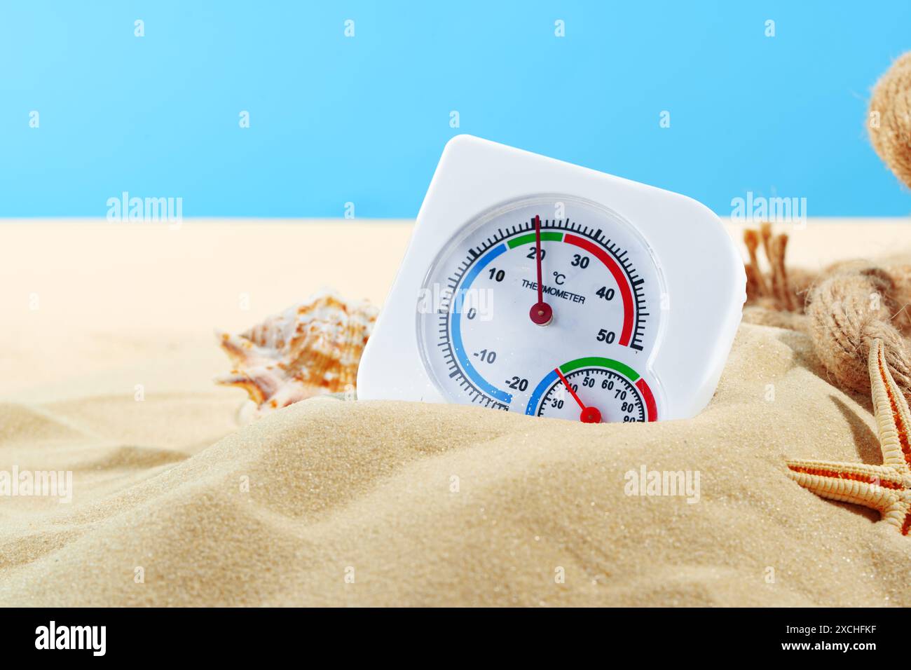 White Thermometer Measuring Beach Temperature on Sandy Shore Stock ...