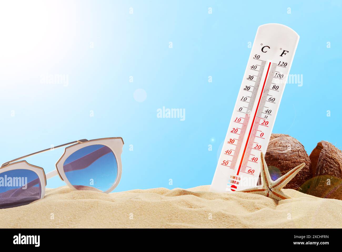 Thermometer Shows Hot Summer Day On Beach With Sunglasses And Coconut ...