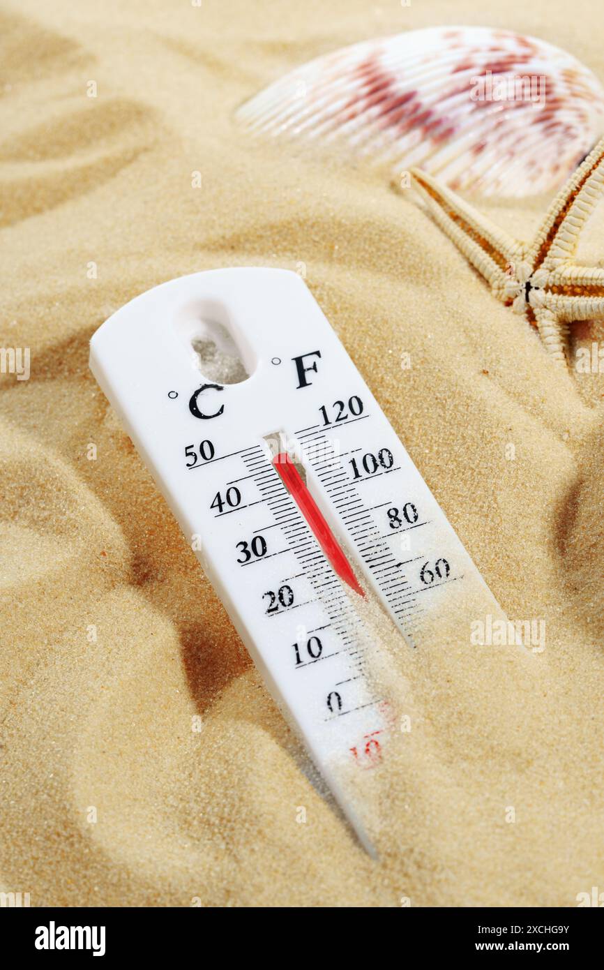 White Thermometer Measuring Sand Temperature On A Beach Stock Photo - Alamy