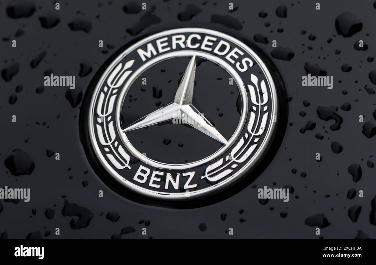 Chernigov Ukraine 13.03.2024-Close-up of the blue round Mercedes Benz ...
