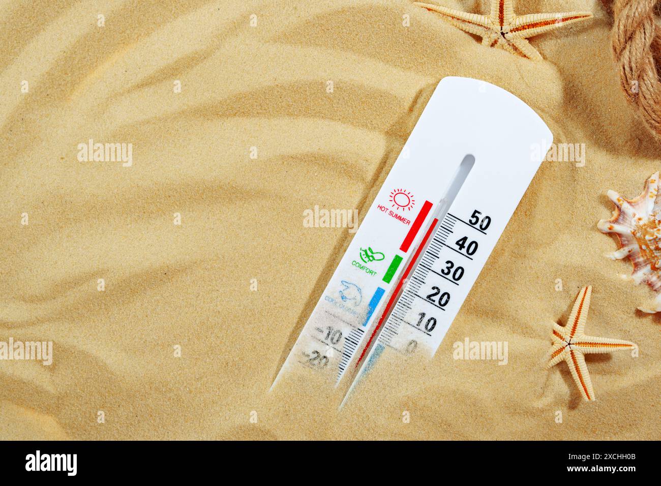 Thermometer on Beach Sand Showing Hot Summer Temperature Stock Photo ...