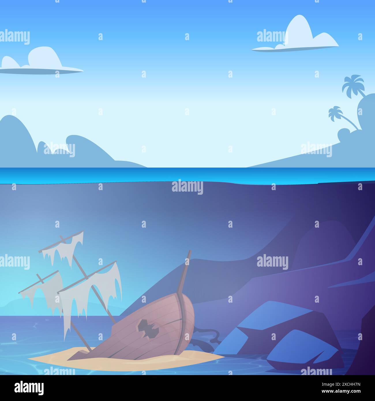 Sunken ship wreck old board from ship underwater vector sea or ocean ...