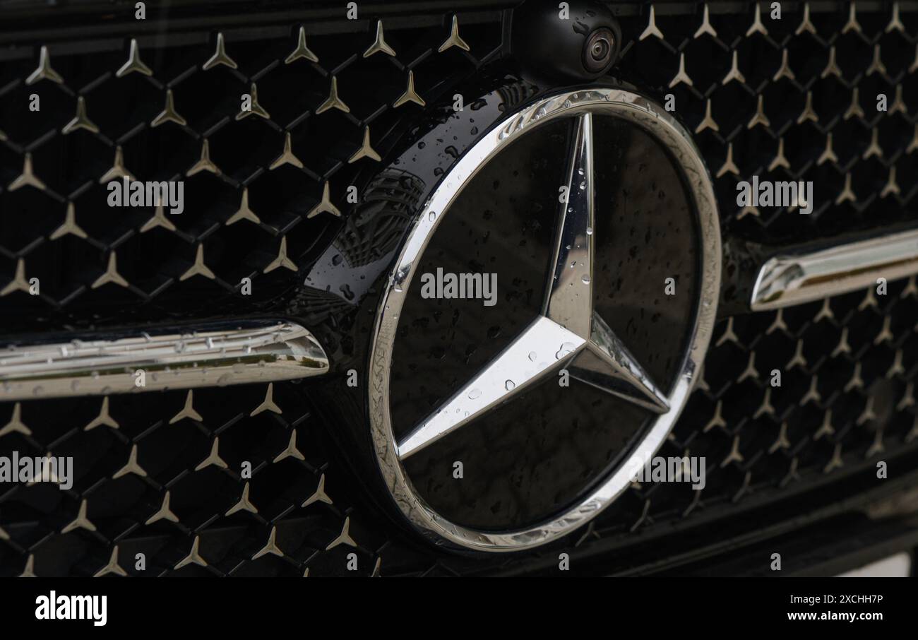 Chernigov Ukraine 13.03.2024-Close-up of the blue round Mercedes Benz ...