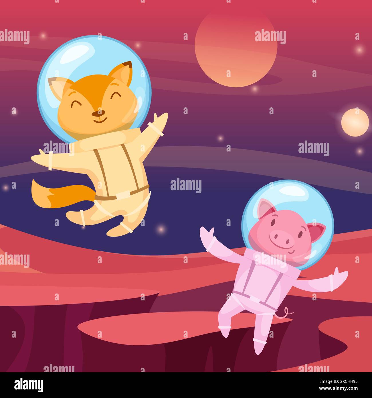 Space animals cartoon astronauts funny pets in costumes flying in ...