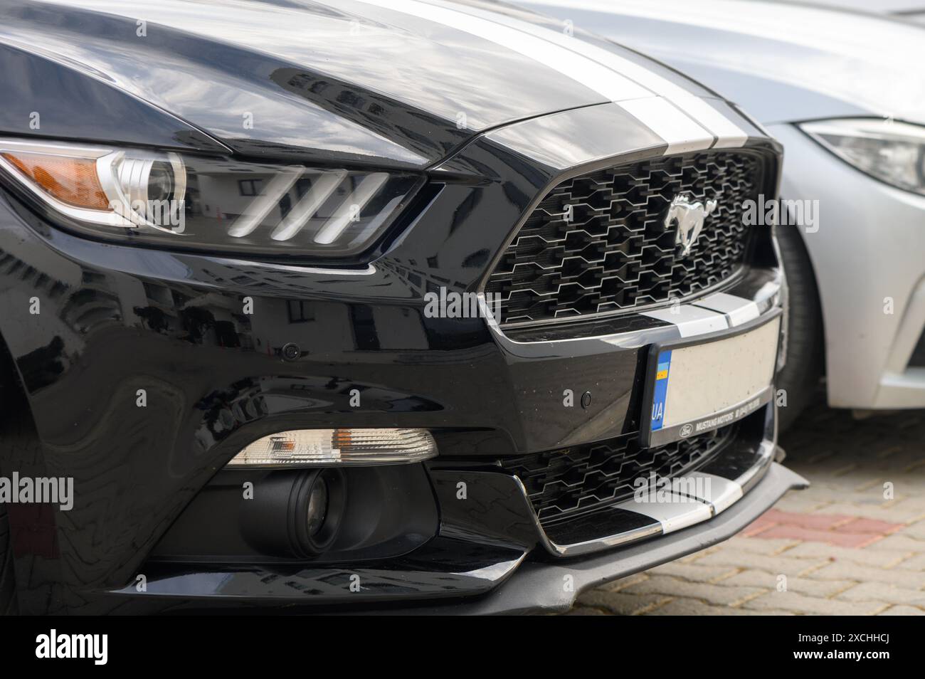 Gaziveren Cyprus 14/03/2024 - black and white Ford Mustang side view 1 ...