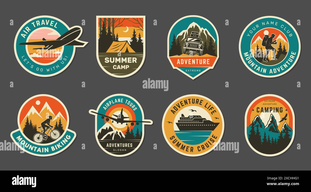 Travel badges. Worldwide outdoor exploration logo adventure time to ...