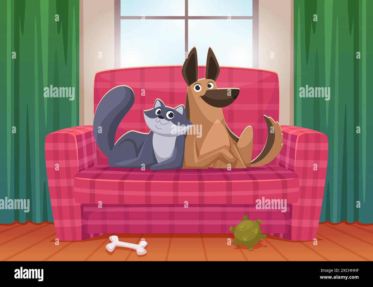 Playing cat dogs. Domestic pets in living room hugging exact vector ...