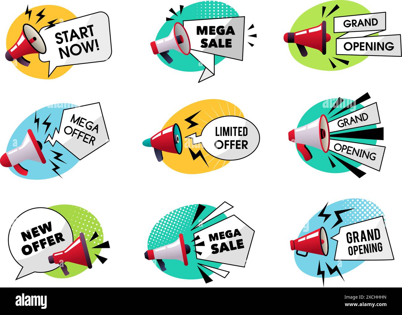 Megaphone badges. Ads templates with promotional texts and loudspeaker ...