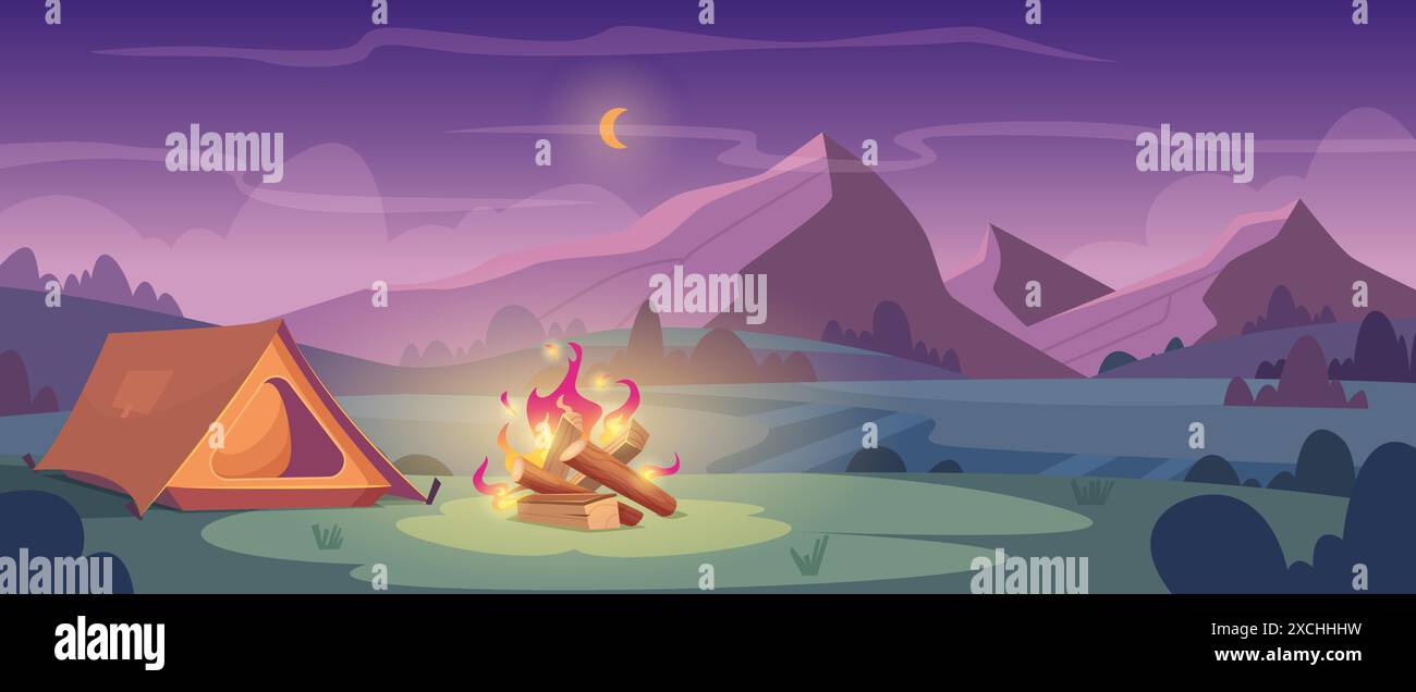 Camping. Fireplace in wood bonfire exact vector outdoor background ...