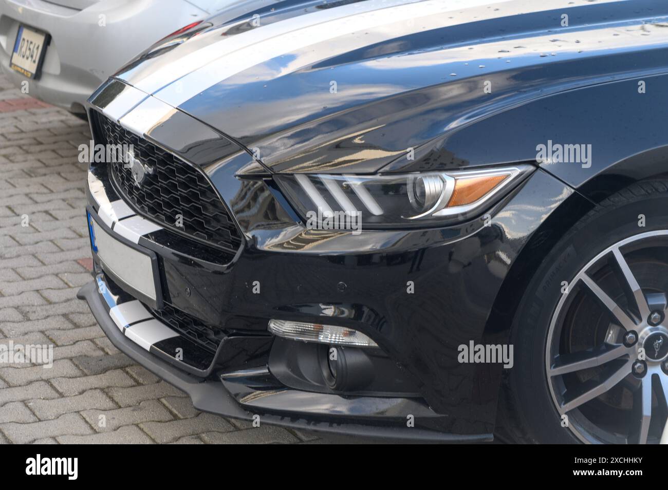 Gaziveren Cyprus 14/03/2024 - black and white Ford Mustang front and ...
