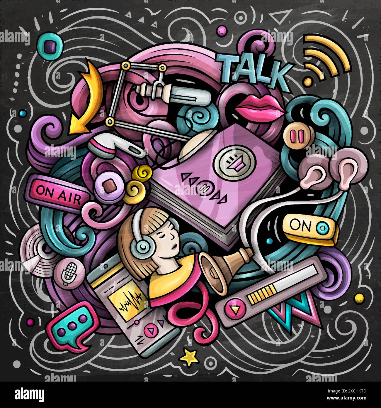 Audio content cartoon doodles illustration. Funny design Stock Vector ...