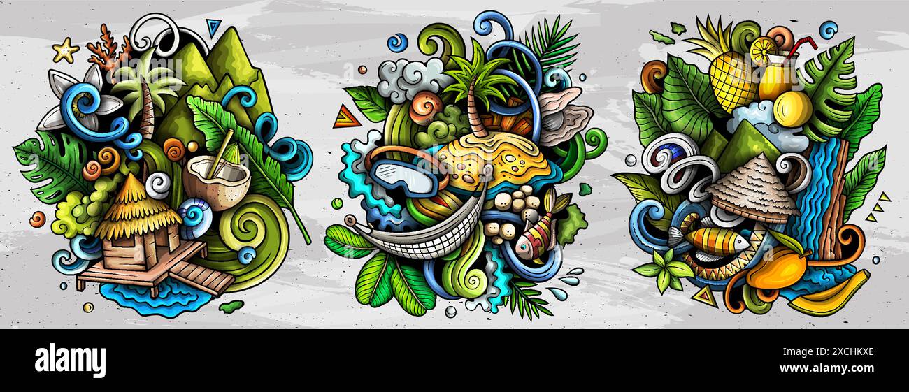 Bora-Bora cartoon vector doodle designs set. Colorful detailed ...
