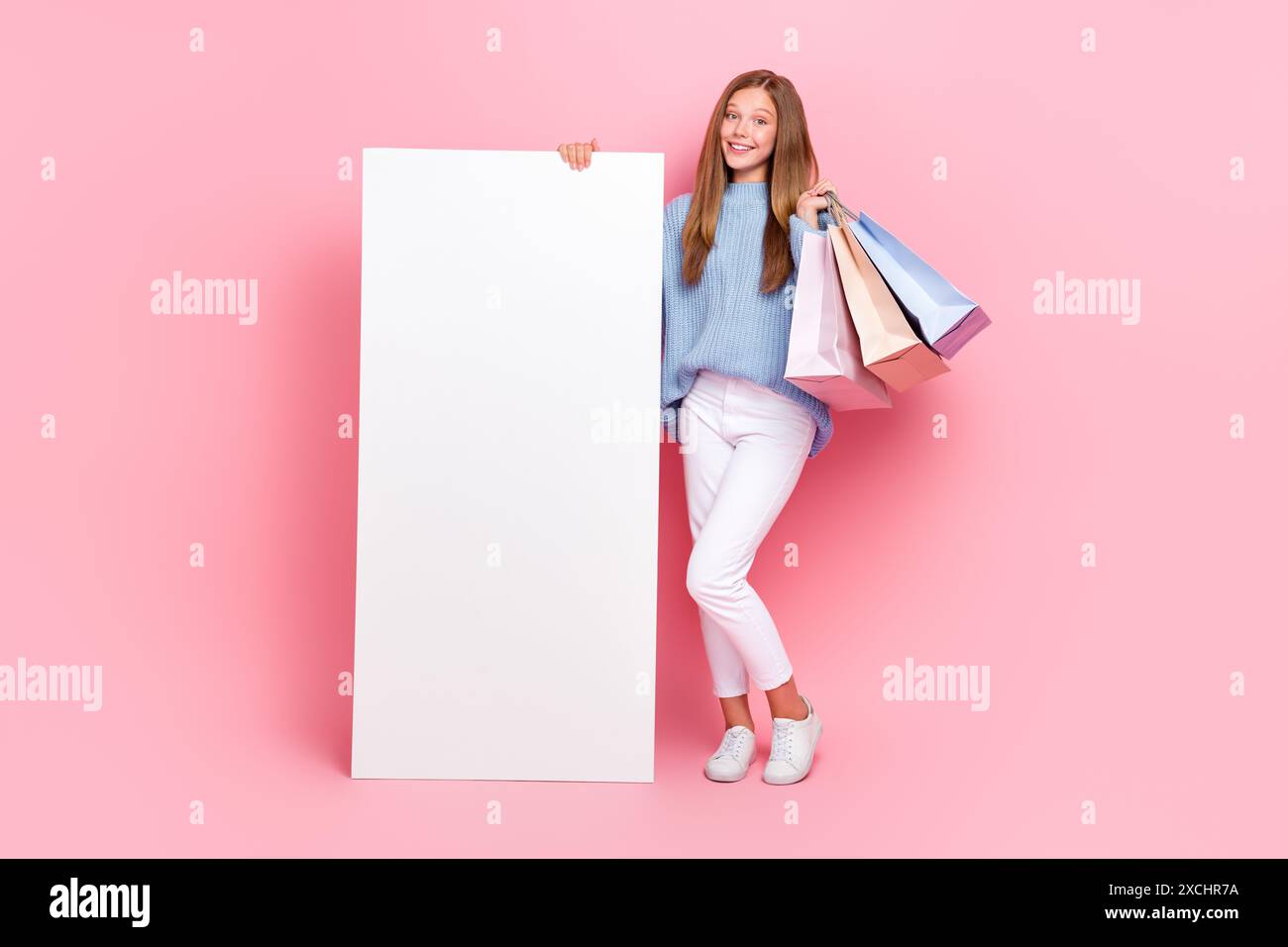 Full body size photo of young teenage girl shopaholic hold packages ...