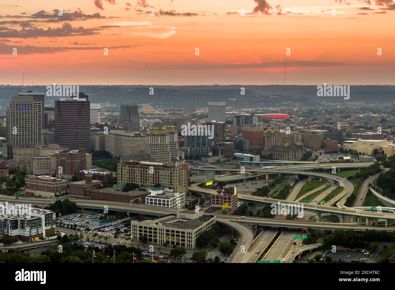 Aerial view of American highway junction at sunset with fast driving ...