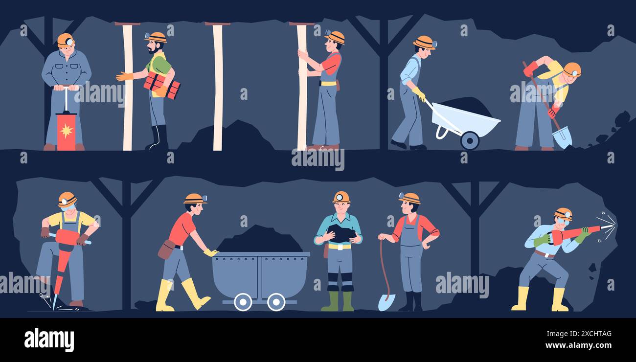 Workers in mine. Miners with tools and in uniform working together ...