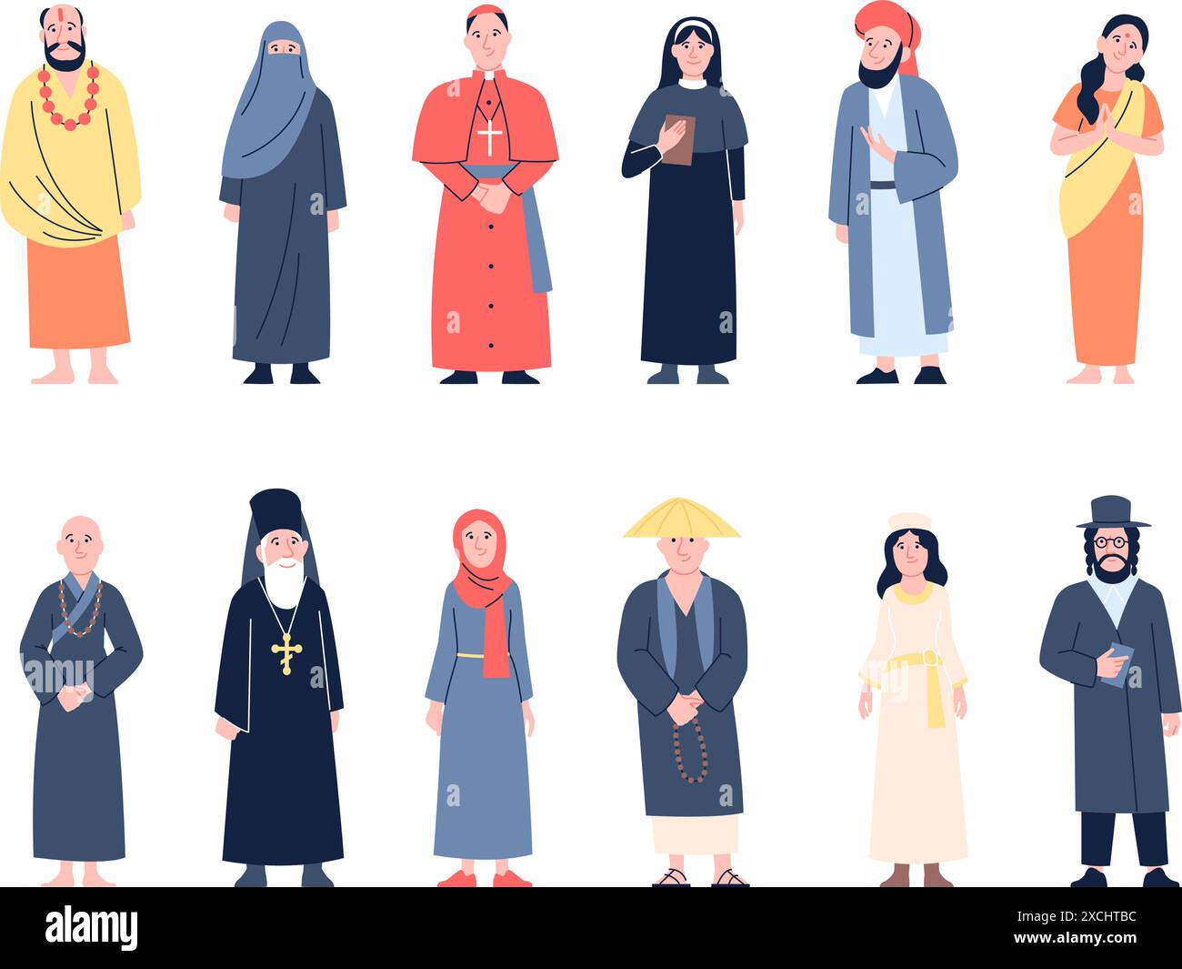 Monks and nuns. Religious people in traditional clothes, nun and priest ...