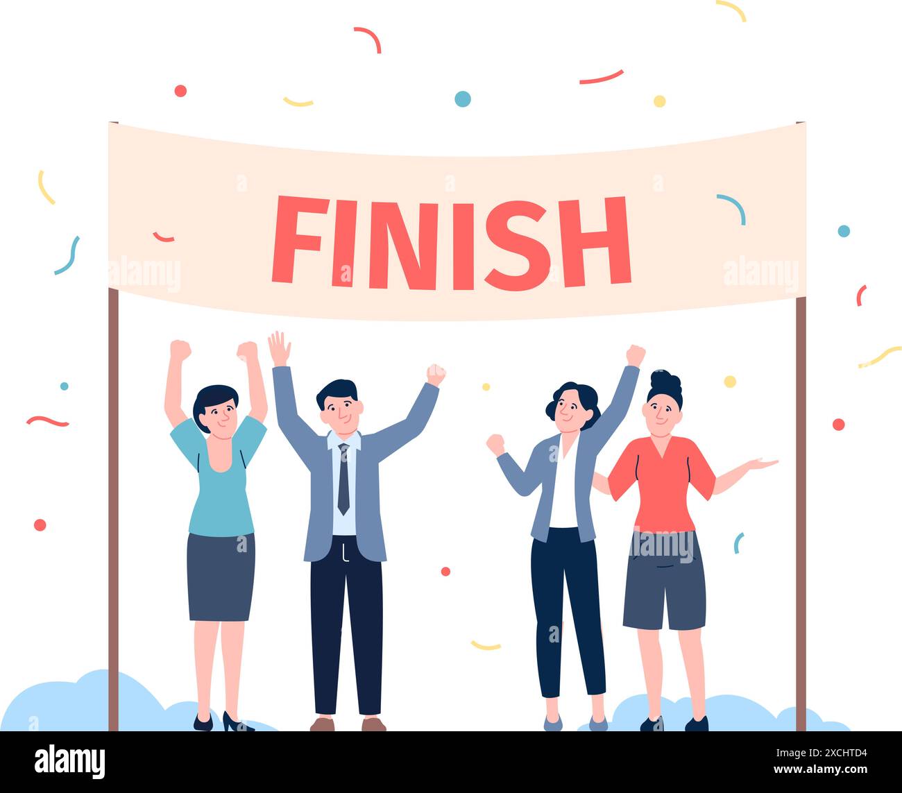 Goal finished. Office workers team stand at finish banner and ...