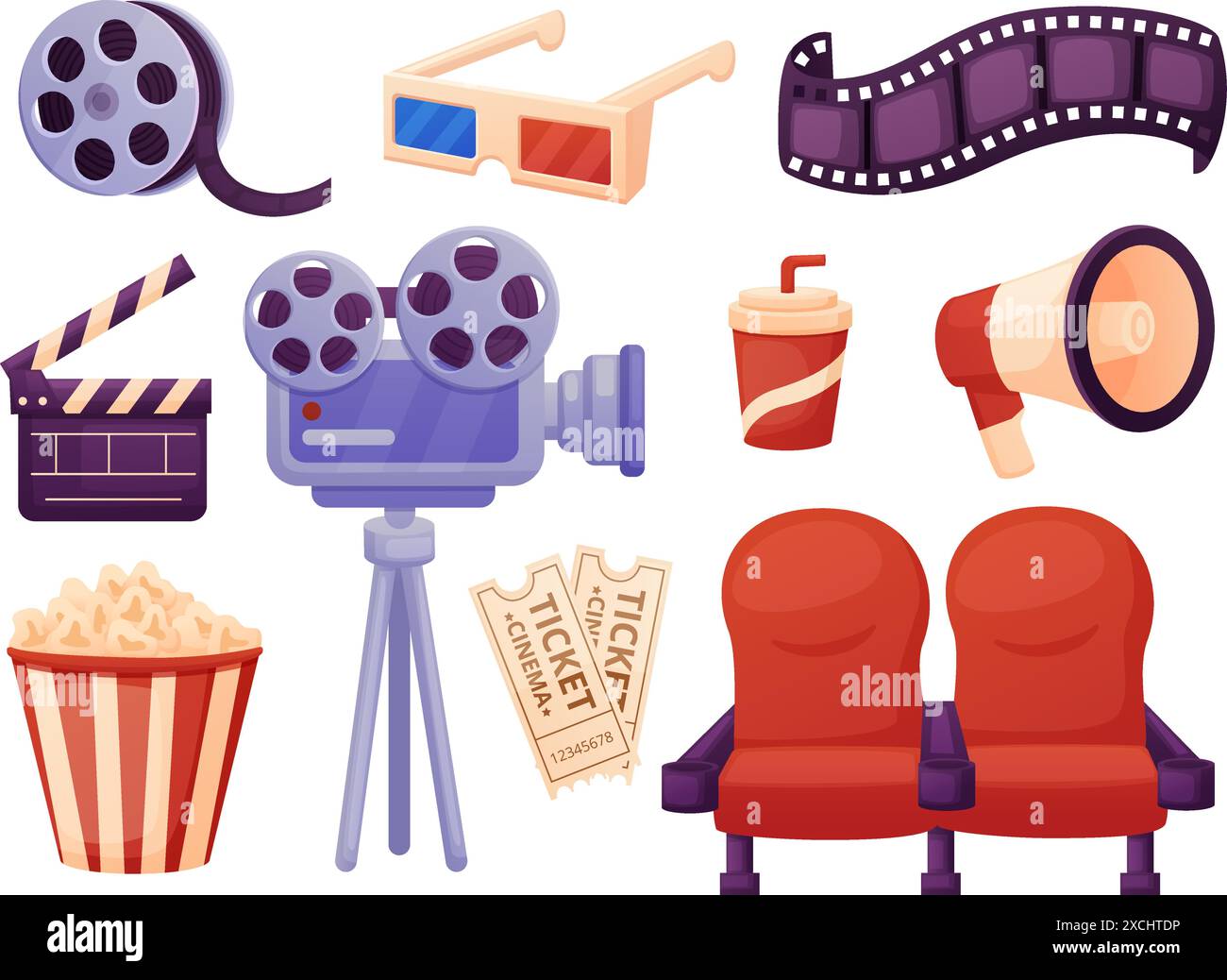 Cinema elements. 3d glasses pop corn bucket camera megaphone and drink ...