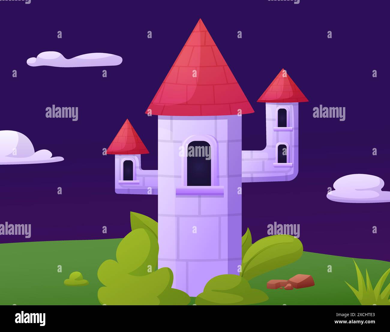 Fairy tale castle on green hill. Brick tower in kingdom, queen princess ...