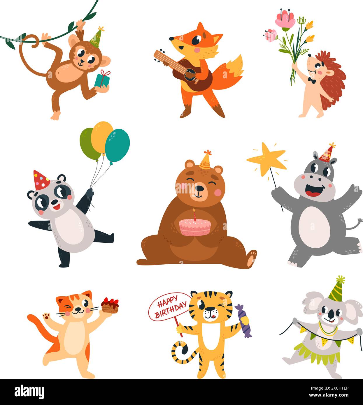 Birthday party animals. Festive monkey bear hippo and fox. Funny koala ...