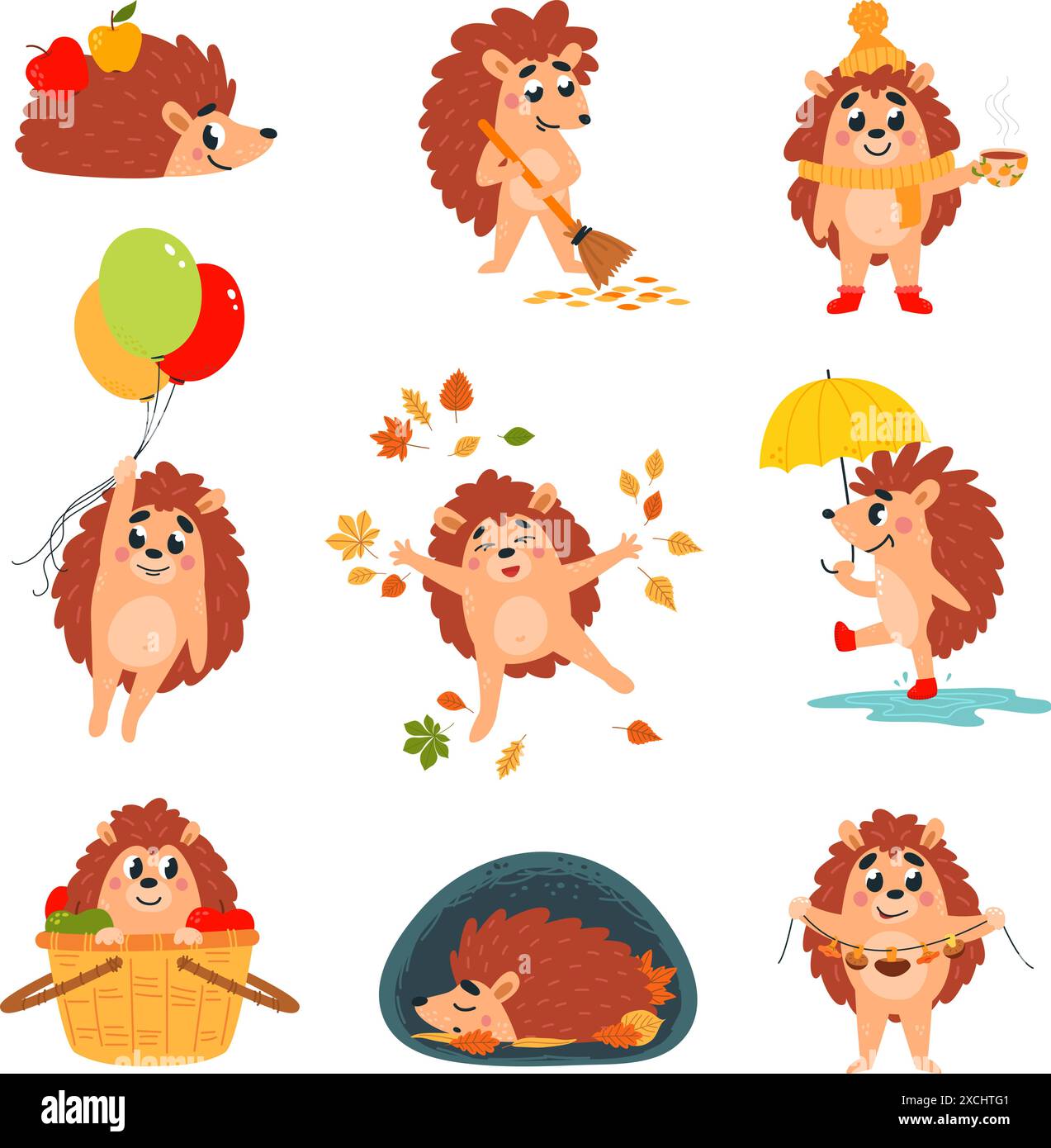 Cartoon hedgehogs. Forest hedgehog sleeping walking with umbrella ...
