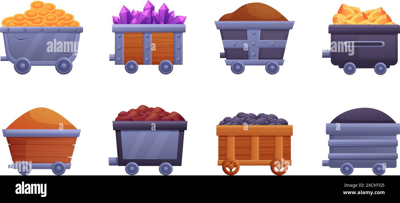 Cartoon mine carts. Different trolleys with coal, gold coins and golden ...