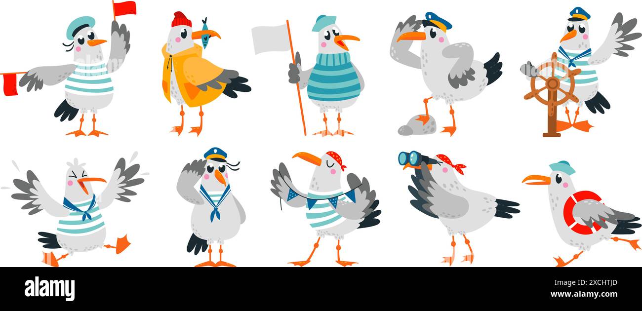 Cartoon seagull. Funny sailors captain seagulls. Cute sea adventures ...