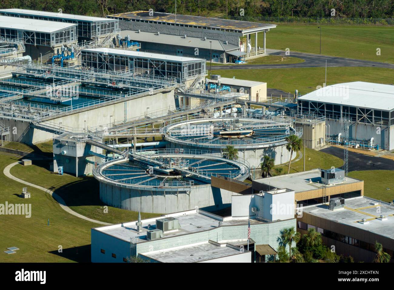 Aerial view of water treatment factory at city wastewater cleaning ...