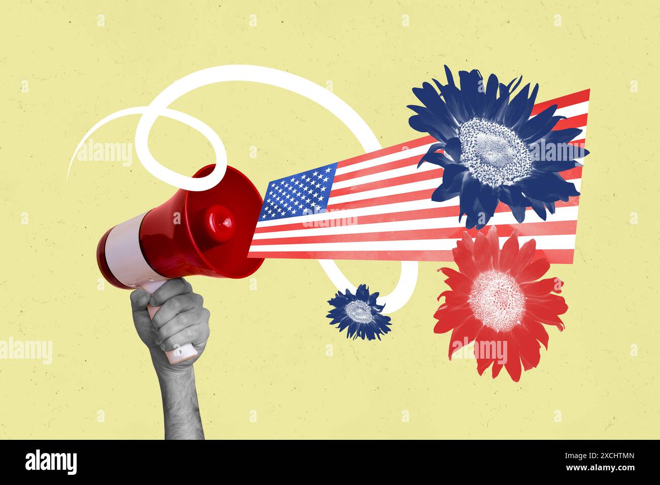 Artwork creative poster collage of hand hols loud speaker megaphone ...