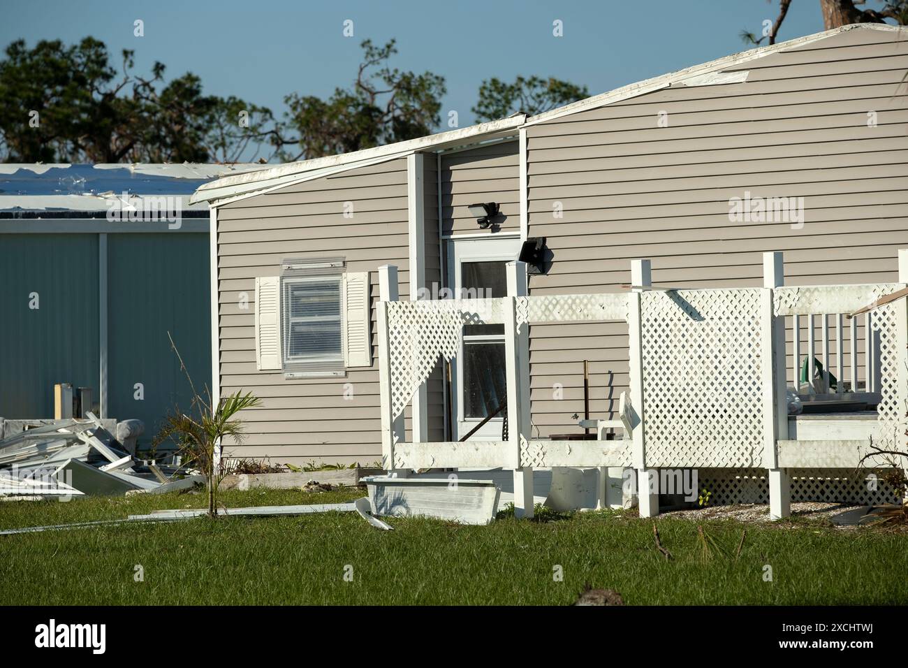 Badly damaged mobile homes after hurricane in Florida residential area ...