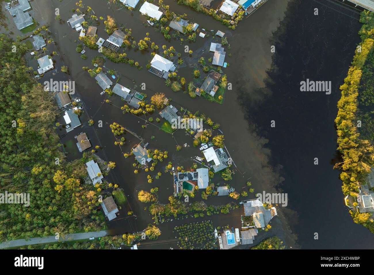 Consequences of natural disaster. Heavy flood with high water ...