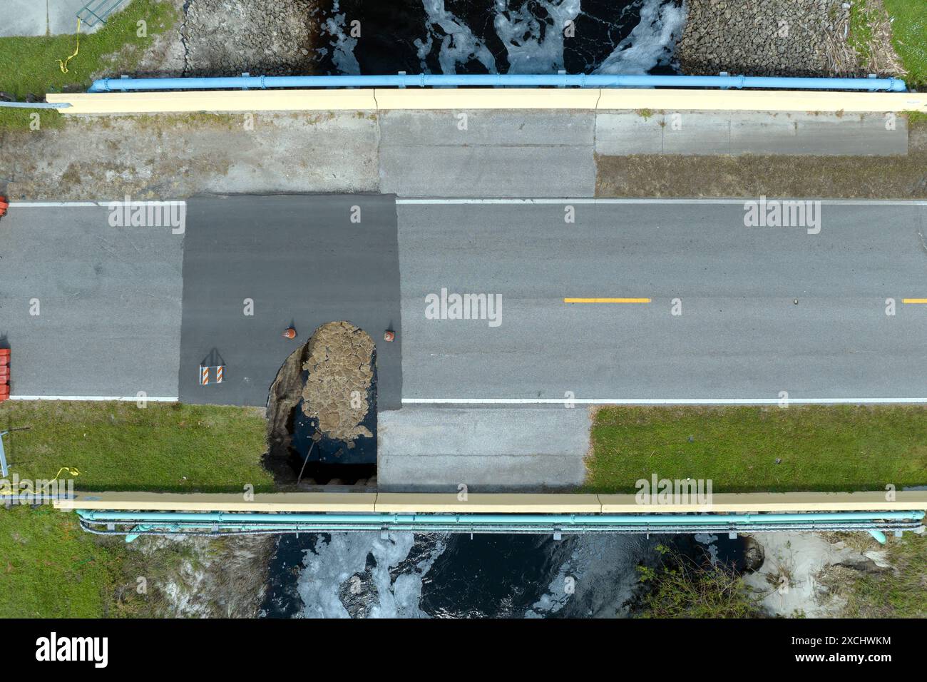 Destroyed bridge after hurricane flooding in Florida. Construction ...