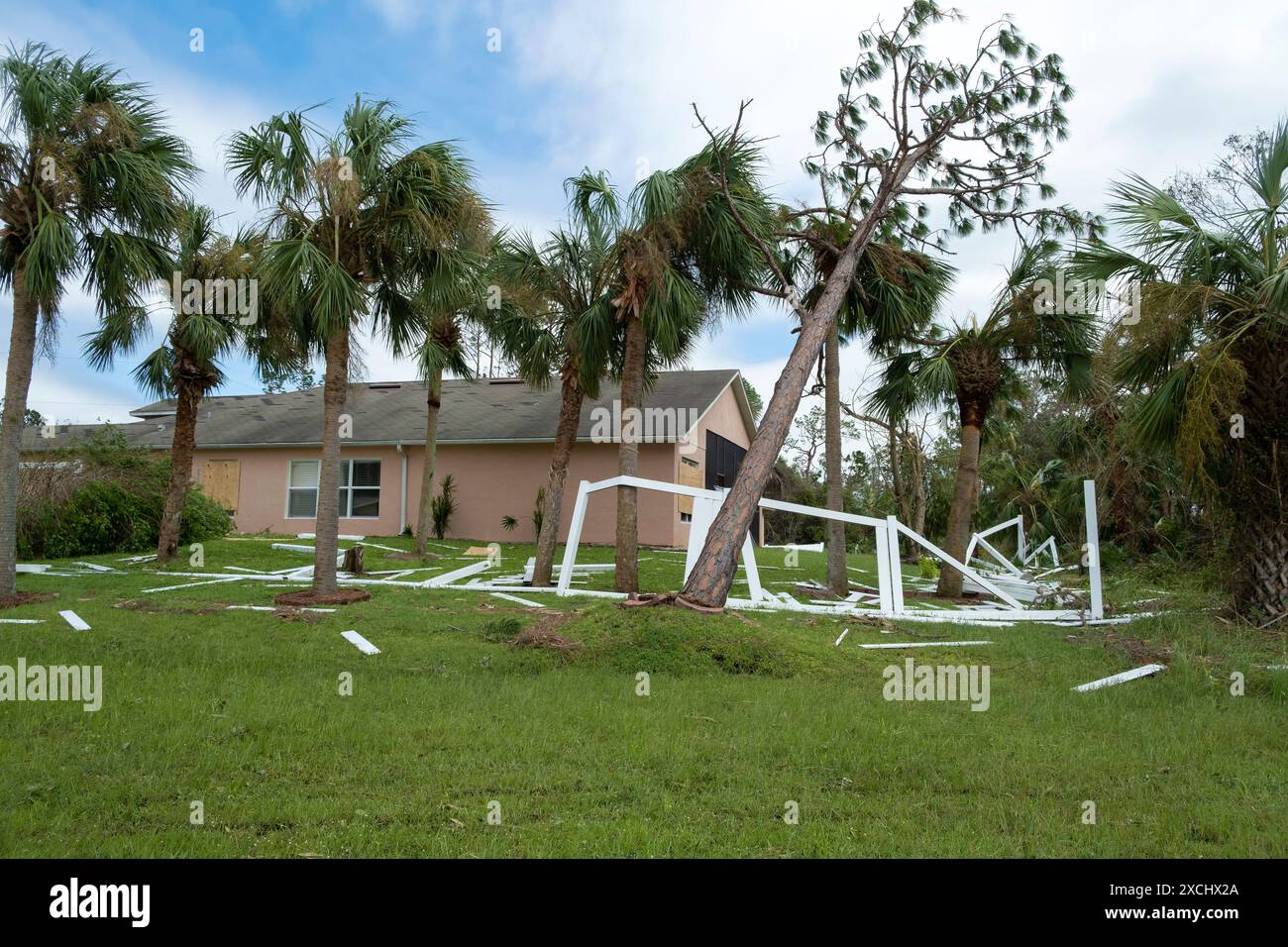 Fallen down big tree caused damage of yard picket fence after hurricane ...