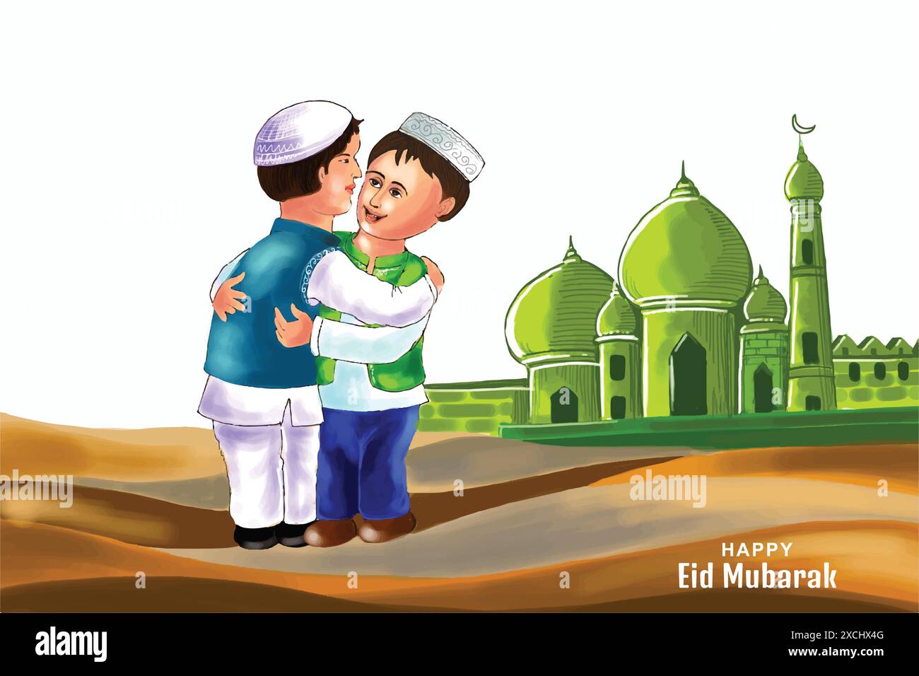 Muslim kids people hugging and wishing eid mubarak celebration ...