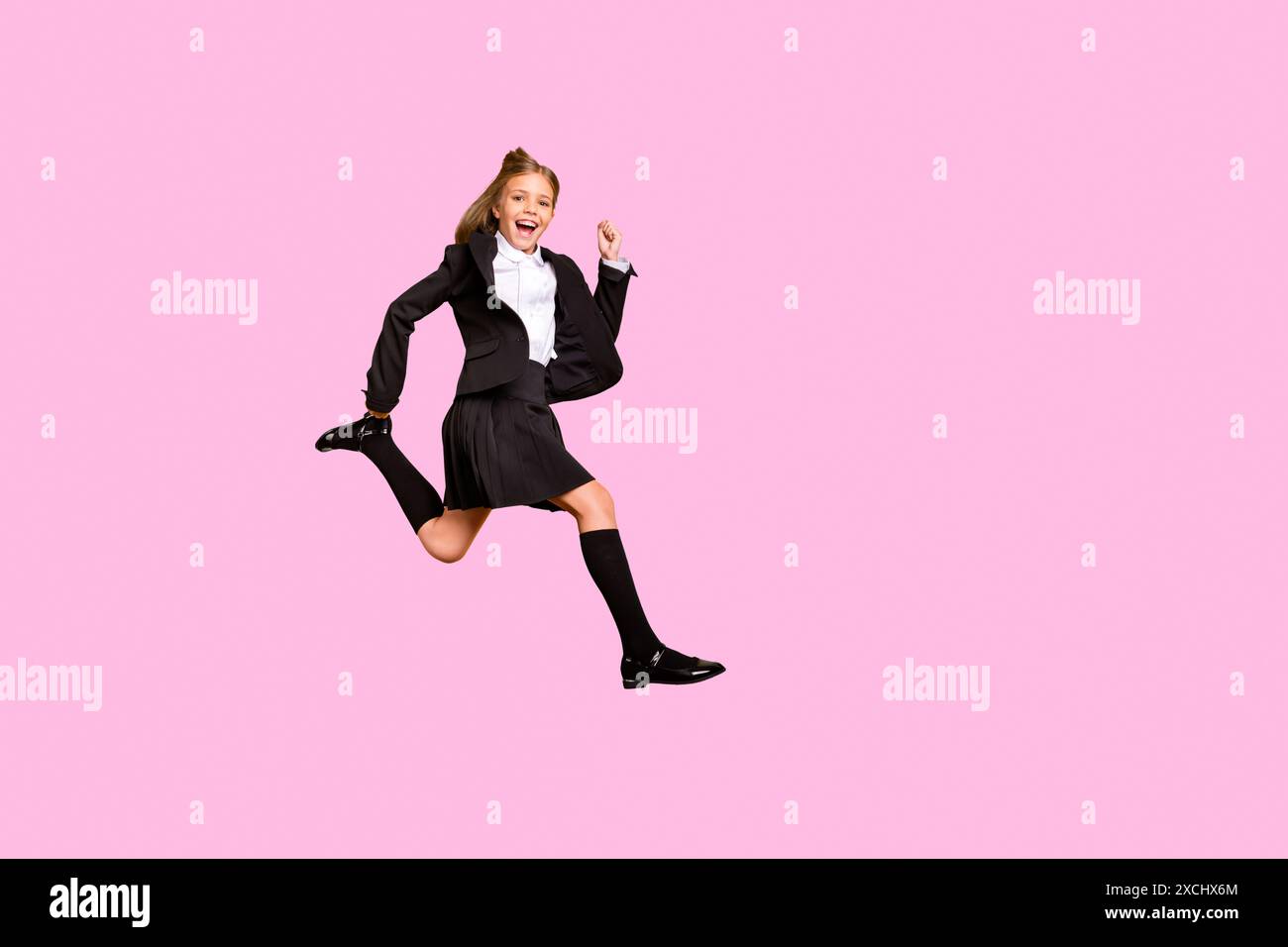 Full length photo of funny kid running activity laughing screaming ...