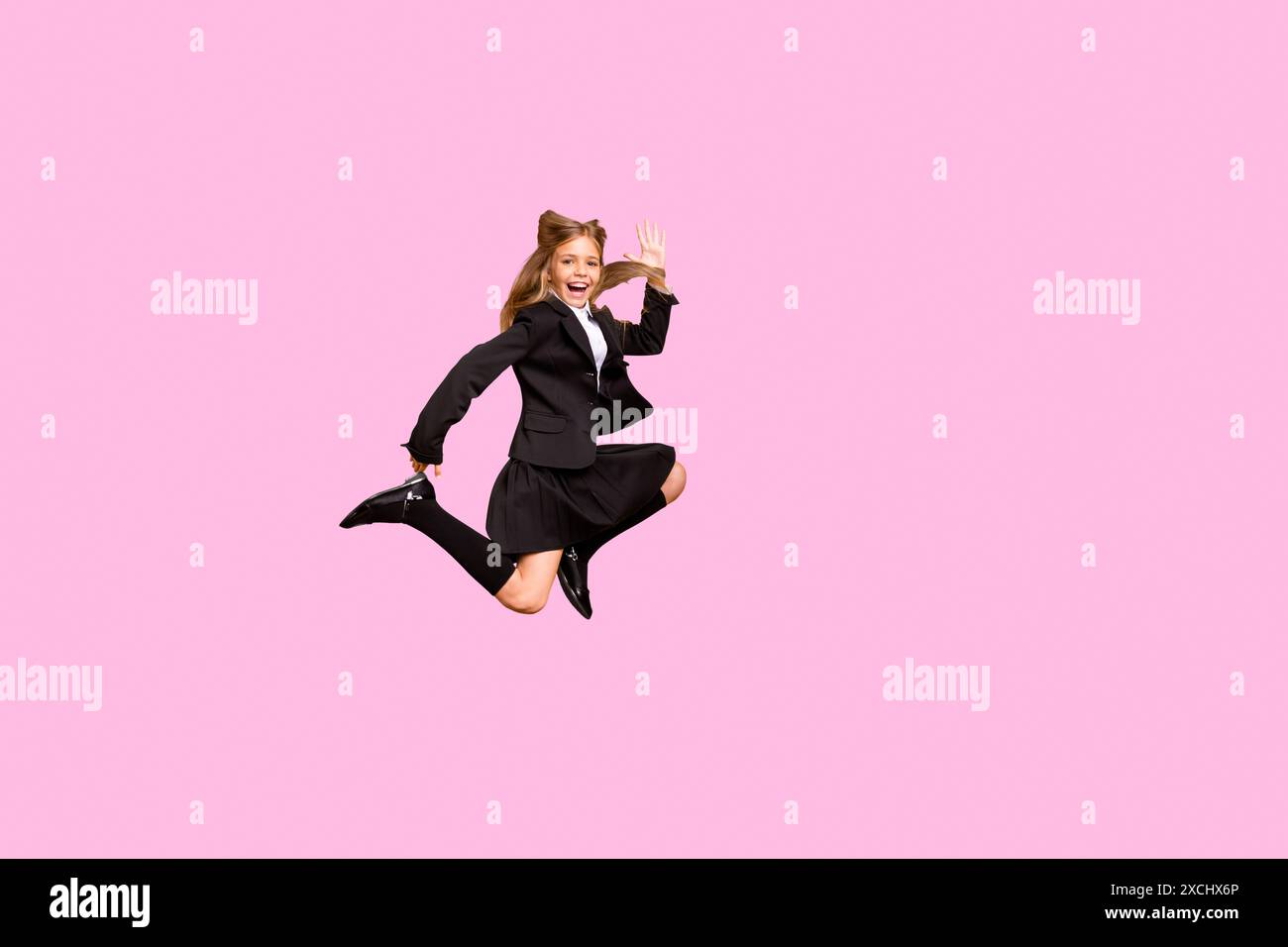 Full size photo of cute child raise palm laughing screaming shouting ...