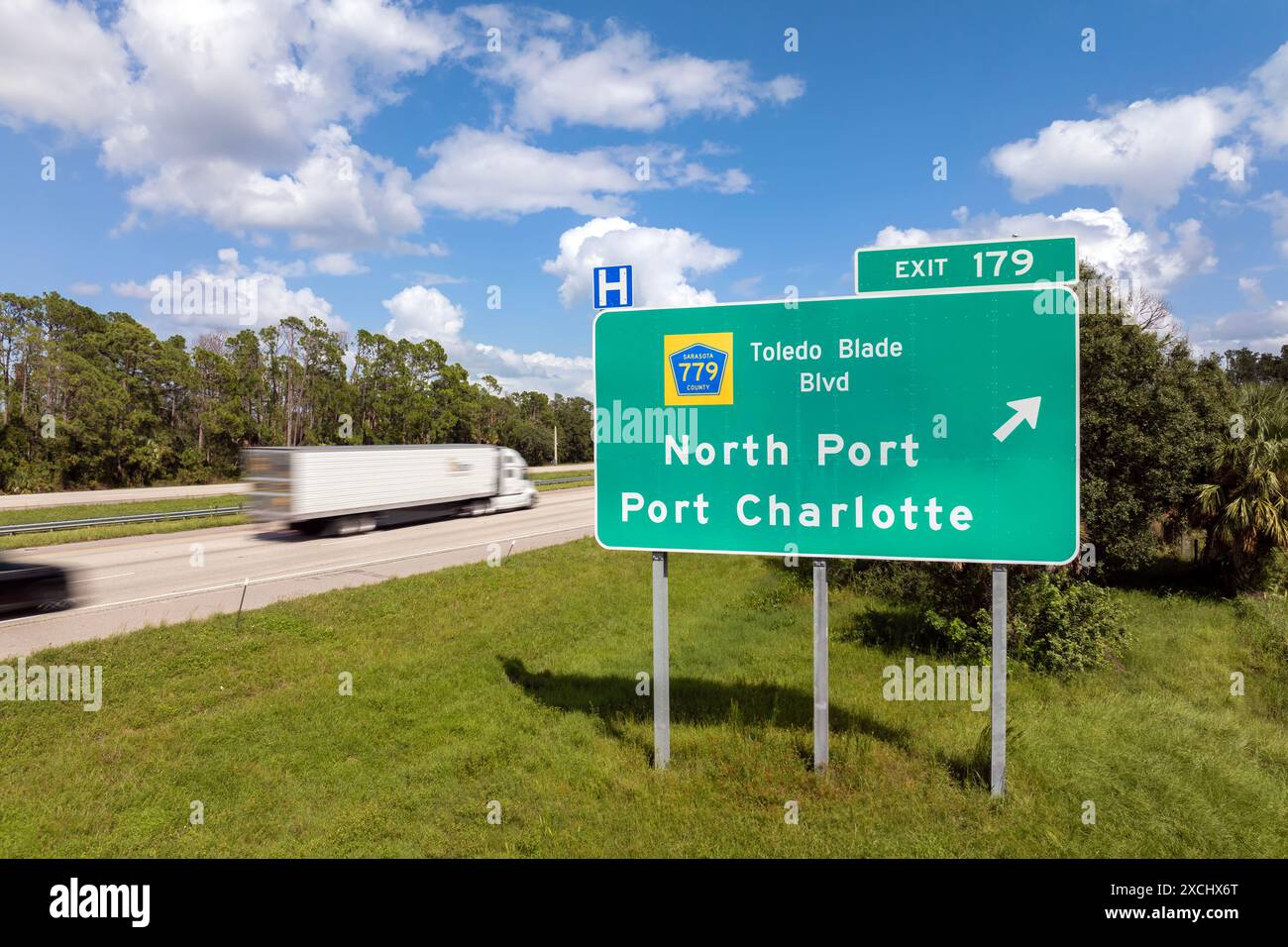 Freeway directional exit sign on interstate road in Florida, USA. I-75 ...