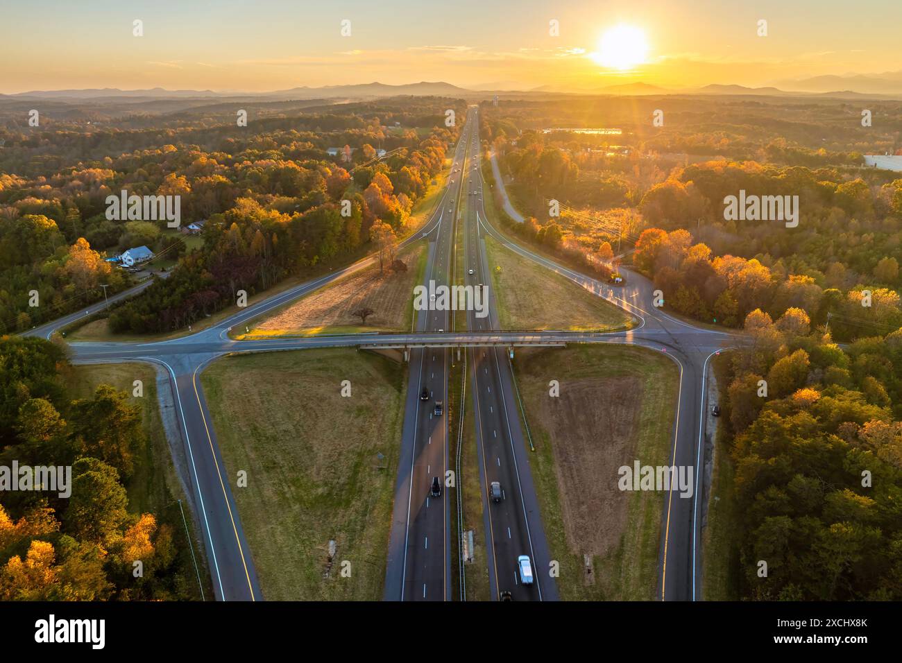 Highway intersection in American rural area. Elevated interchange lanes ...