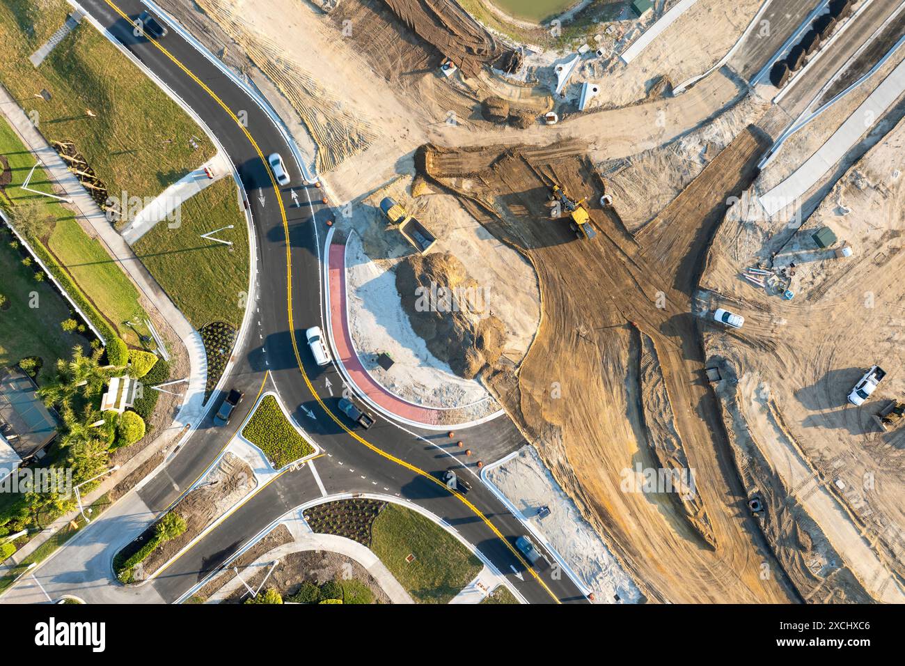 Industrial roadworks. Roundabout on wide American highway under ...