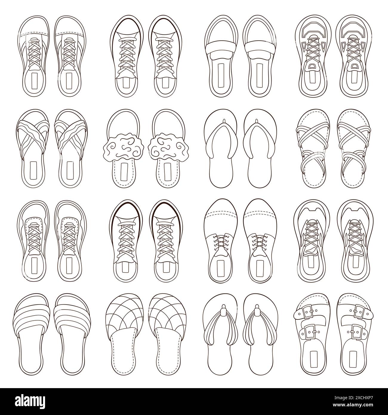 Female and male shoes collection in outline style. Set of casual woman ...