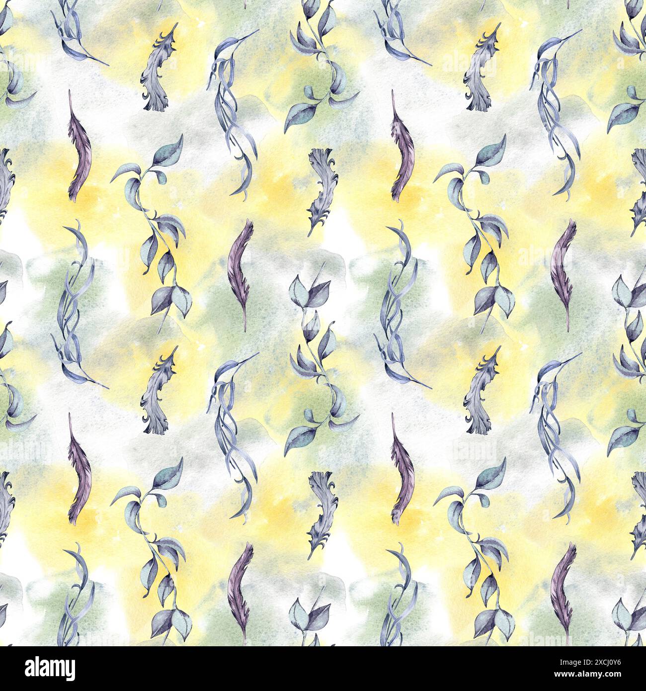 Black Gray feathers and leaves seamless pattern isolated on watercolor ...