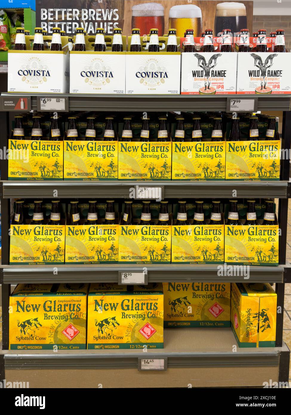 General view of a beer display in an Aldi in Wisconsin on June 12, 2024 ...
