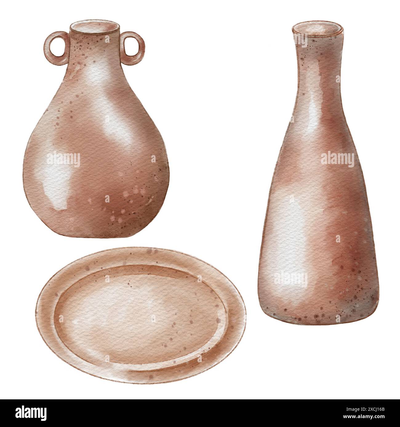 Pottery two vases and a plate in sepia tones watercolor illustration ...