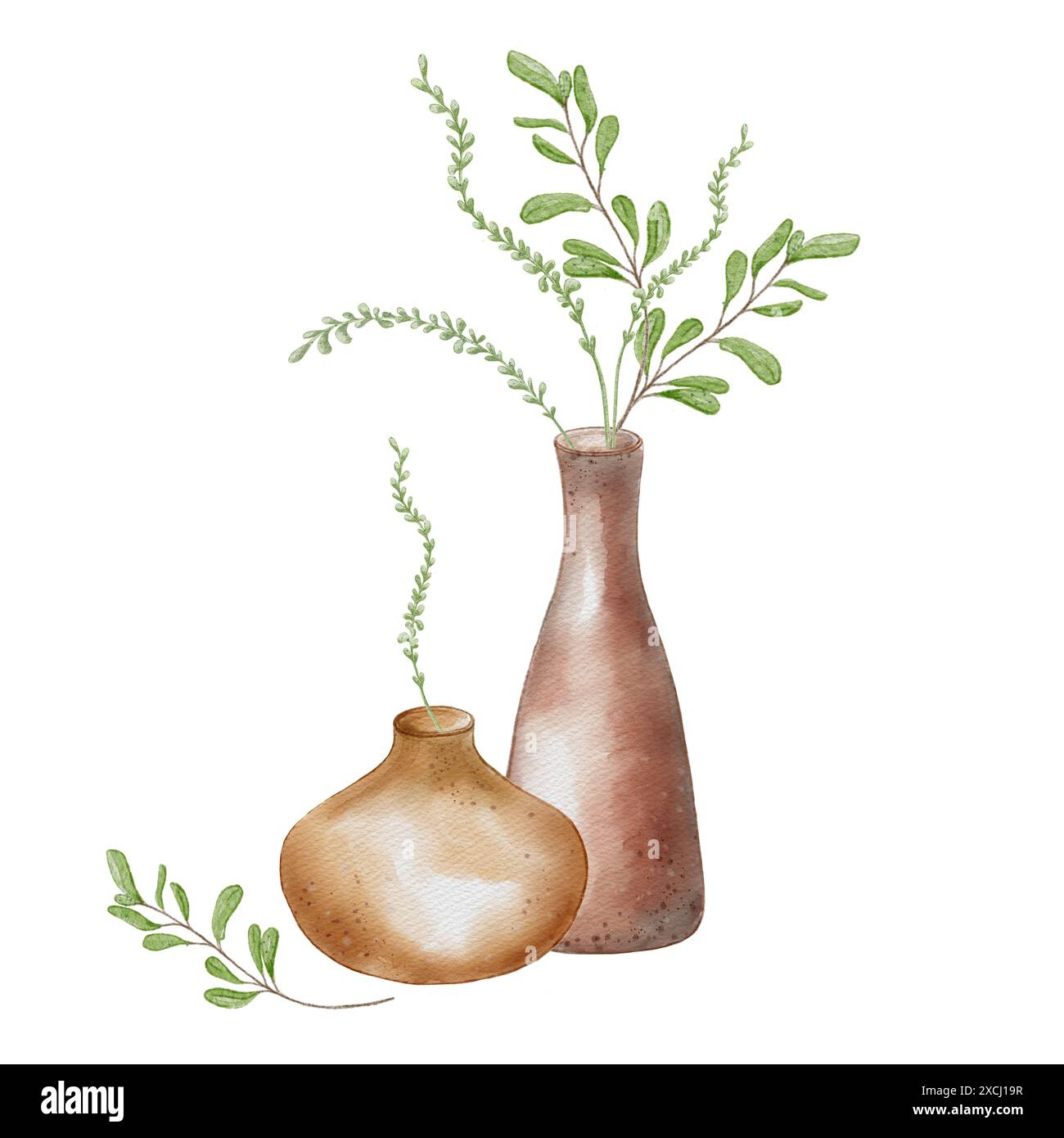 Two vase handcrafted with floral arrangement in watercolor isolated ...