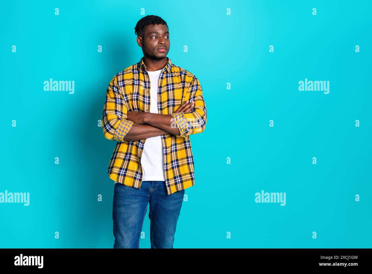 Photo of serious nice man wear trendy plaid clothes crossed arms look ...