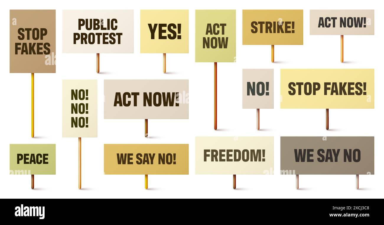 Colorful protest signs with slogan on wooden holder. Realistic vector ...