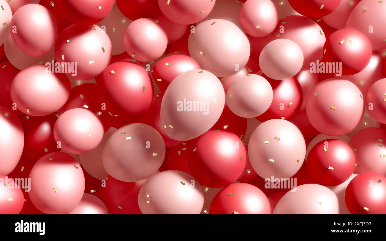 Stack of pink and red round balloons with confetti mockup, 3d rendering ...