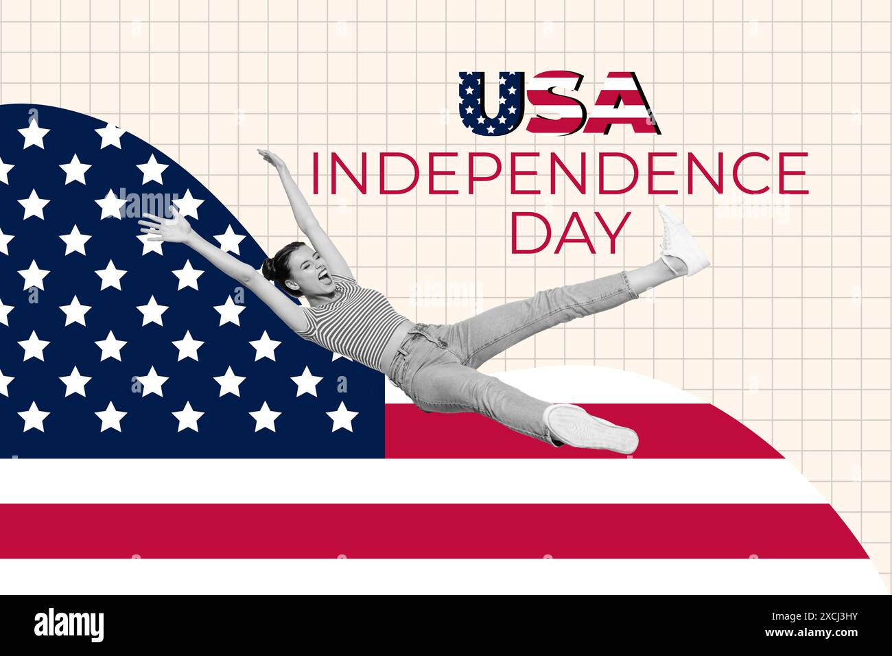 Poster banner advert collage of happy girl have fun on 4th july day ...