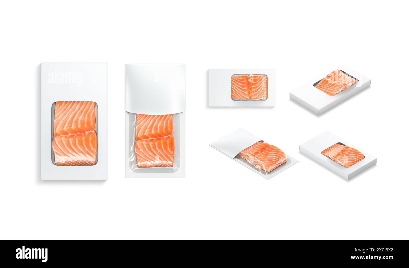 Blank white pack with salmon mockup, different views, 3d rendering ...