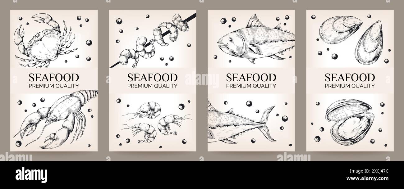 Seafood banners. Sea food menu. Fish and oyster. Sketch drawing ...